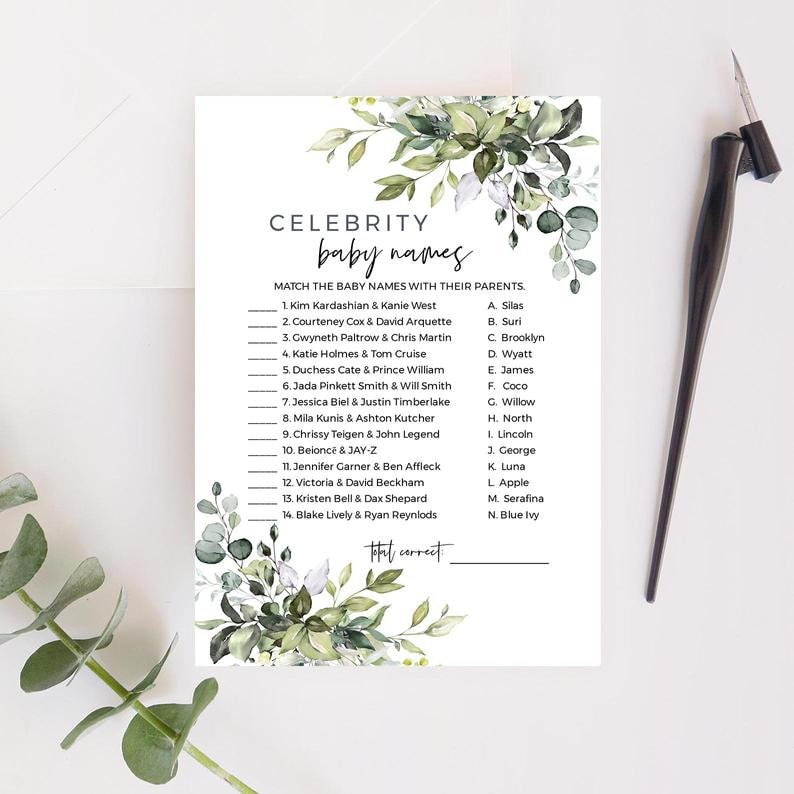Celebrity Baby Name Game: Greenery Baby Shower (printable, Instant ...