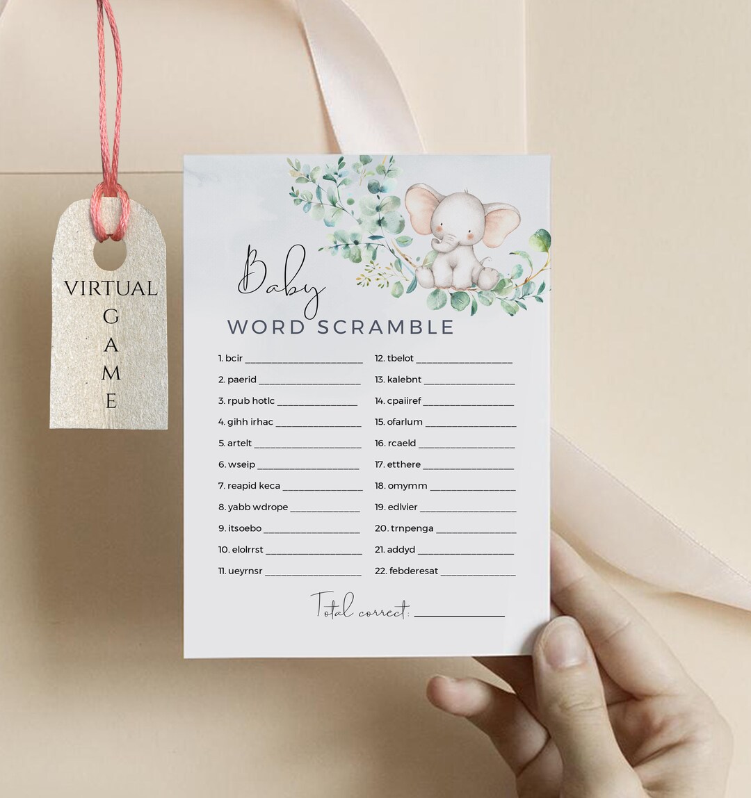 Elephant Baby Word Scramble Game Virtual & Printable Baby Shower Cards ...