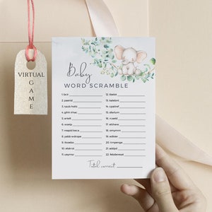 Elephant Baby Word Scramble Game Virtual & Printable Baby Shower Cards ...