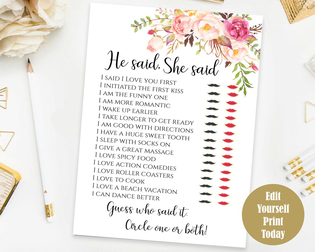 EDITABLE He Said She Said Game Bachelorette Party Game Bridal Tea Party ...