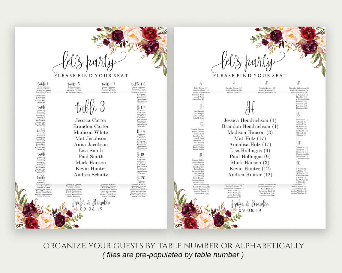 Large Seating Chart Template 5 Sizes up to 350 Editable | Etsy
