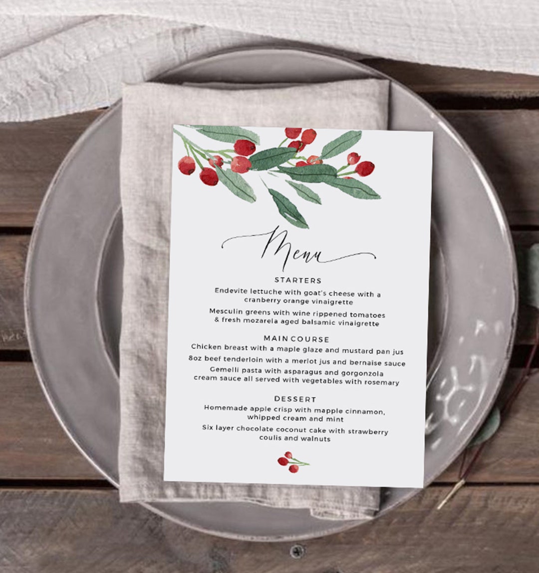 Christmas Holly Menu, Christmas Berry Wedding Menu, Printable Xmas Menu ...