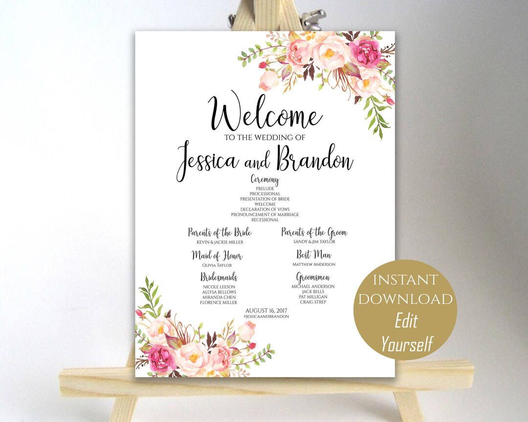 Printable Wedding Program Sign Welcome Sign Template Wedding Program ...