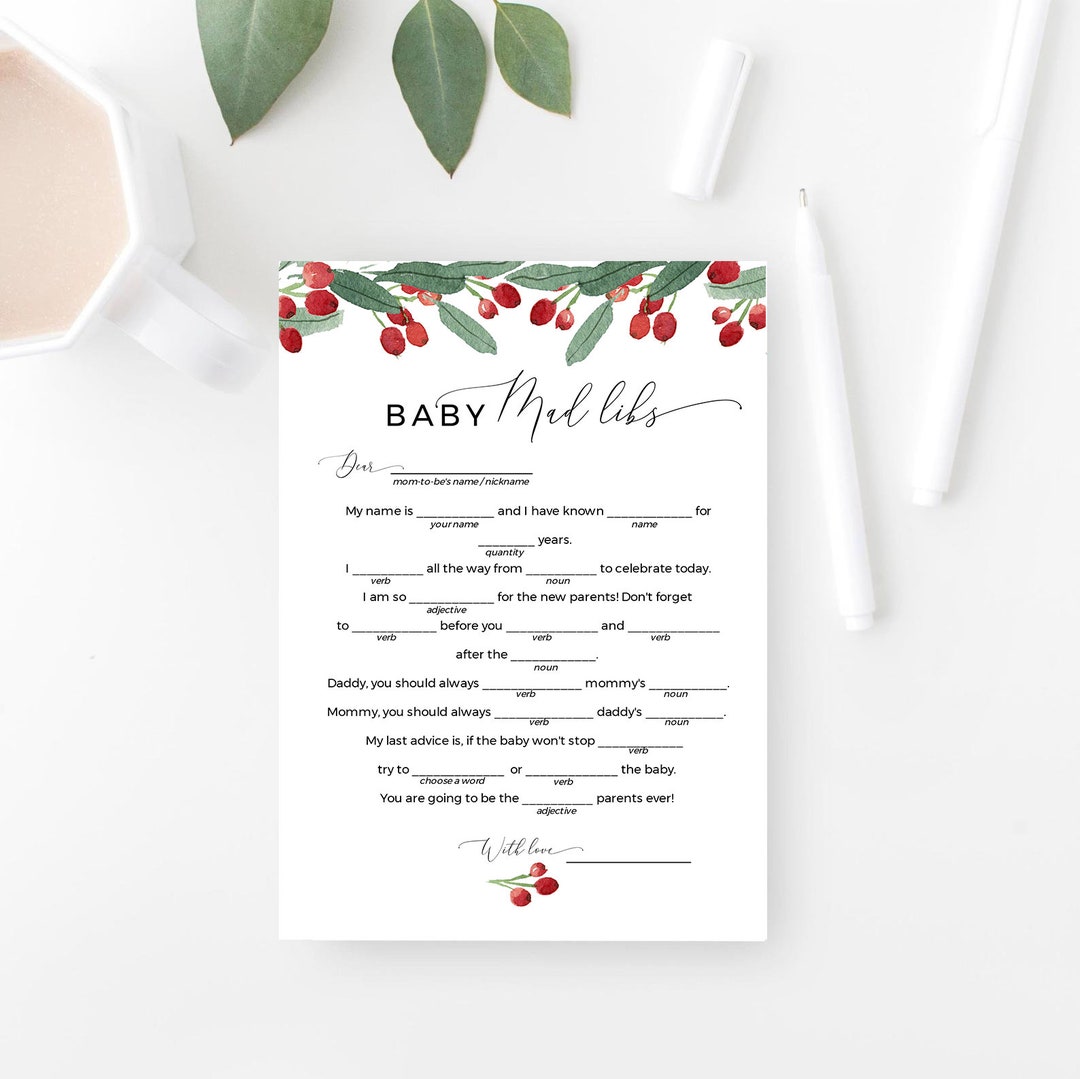 Christmas Holly Baby Shower Mad Libs Game: Advice Card Template (DIY ...