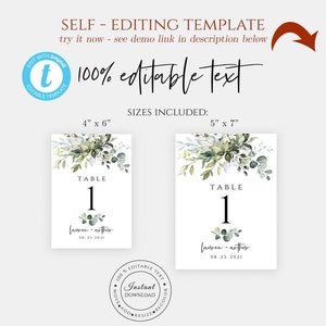 Table Number Template Greenery Wedding Table Numbers, Eucalyptus Table ...