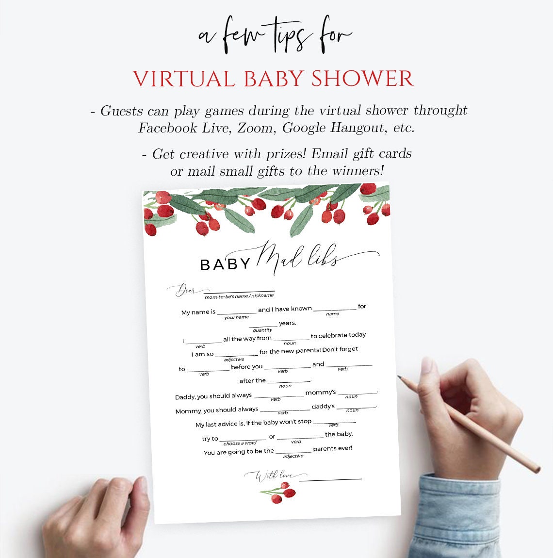 Christmas Holly Baby Shower Mad Libs Game: Advice Card Template (DIY ...