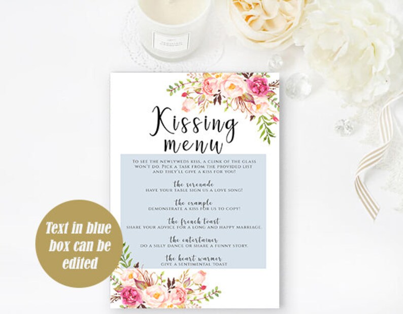 Kissing Menu Printable Wedding Kissing Menu Wedding Game | Etsy