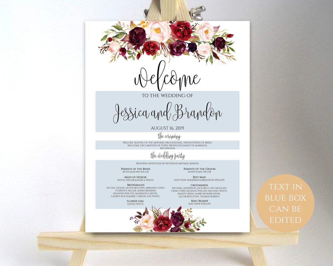 Printable Wedding Program Sign Welcome Sign Template Wedding | Etsy