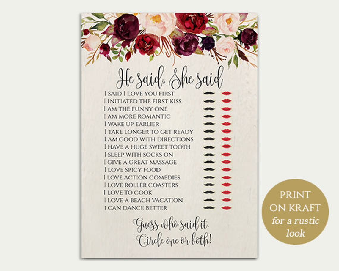 EDITABLE He Said She Said Game Bachelorette Party Game Bridal - Etsy