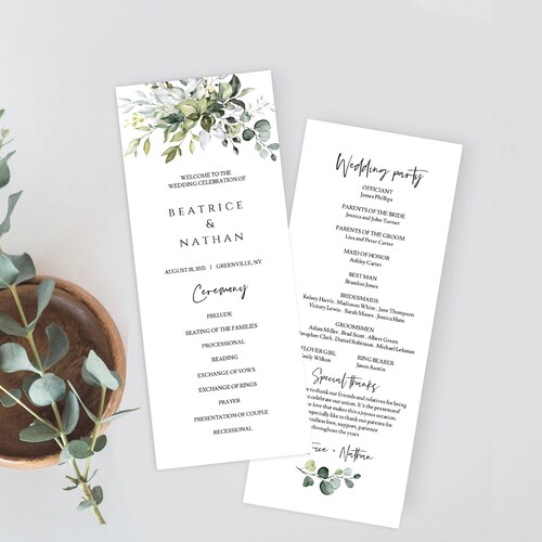 Soft Greenery Wedding Program Template Printable Eucalyptus - Etsy