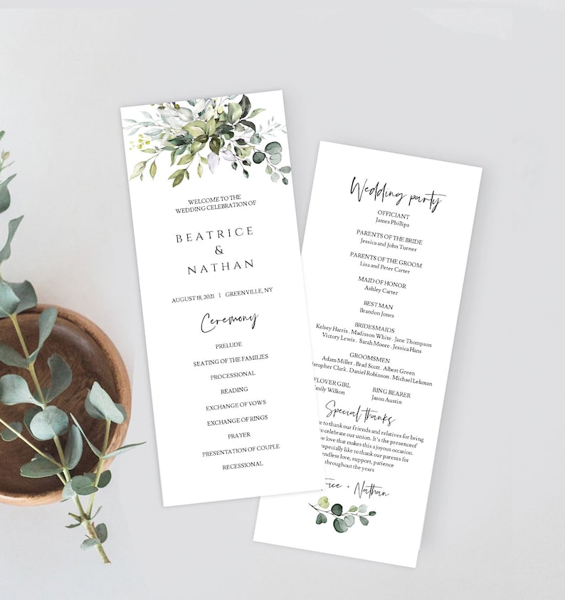 Greenery Wedding Program Template Printable Program for - Etsy
