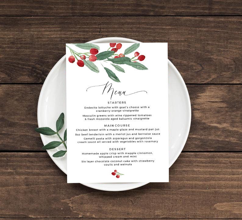 Christmas Holly Wedding Menu Card: Printable Berry Design (instant ...