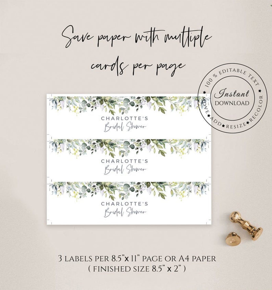 Greenery Bridal Shower Water Bottle Labels: Editable Template (instant ...
