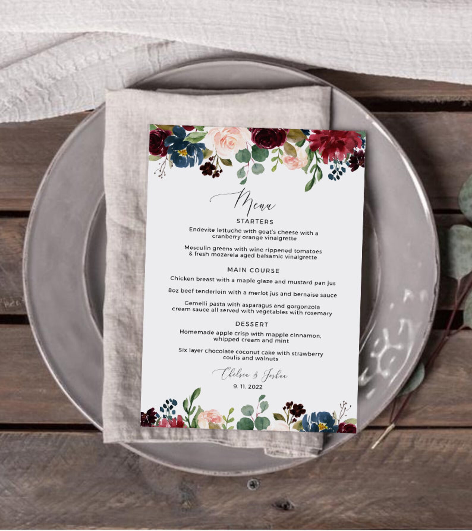 Burgundy Wedding Menu Template Printable Dinner Menu Instant - Etsy