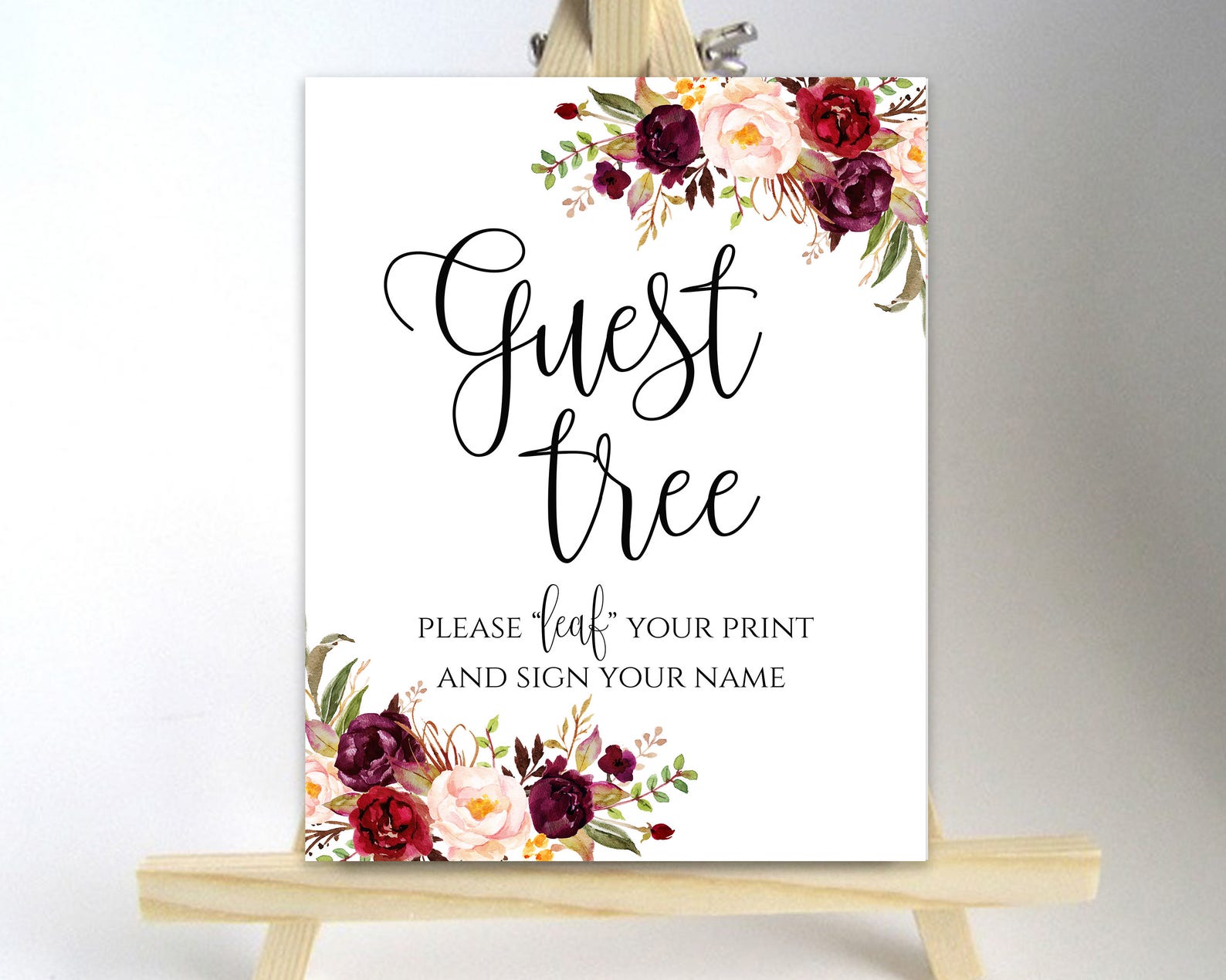 Wedding Guest Tree Sign: Burgundy Floral, Boho Chic (digital Download ...