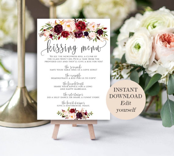 Printable Kissing Menu Printable Wedding Kissing Menu Wedding | Etsy
