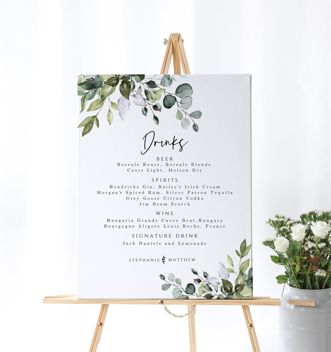 Greenery Bar Menu Sign, Printable Wedding Bar Sign, Instant Download ...