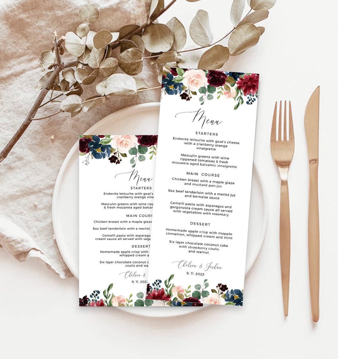 Burgundy Wedding Menu Template, Printable Dinner Menu, Instant Download ...