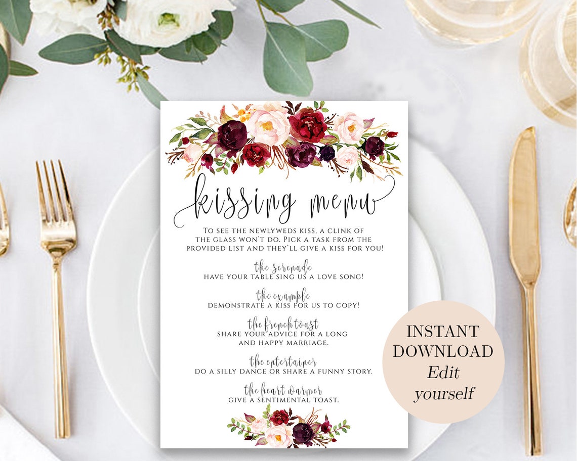 Printable Kissing Menu Printable Wedding Kissing Menu Wedding | Etsy