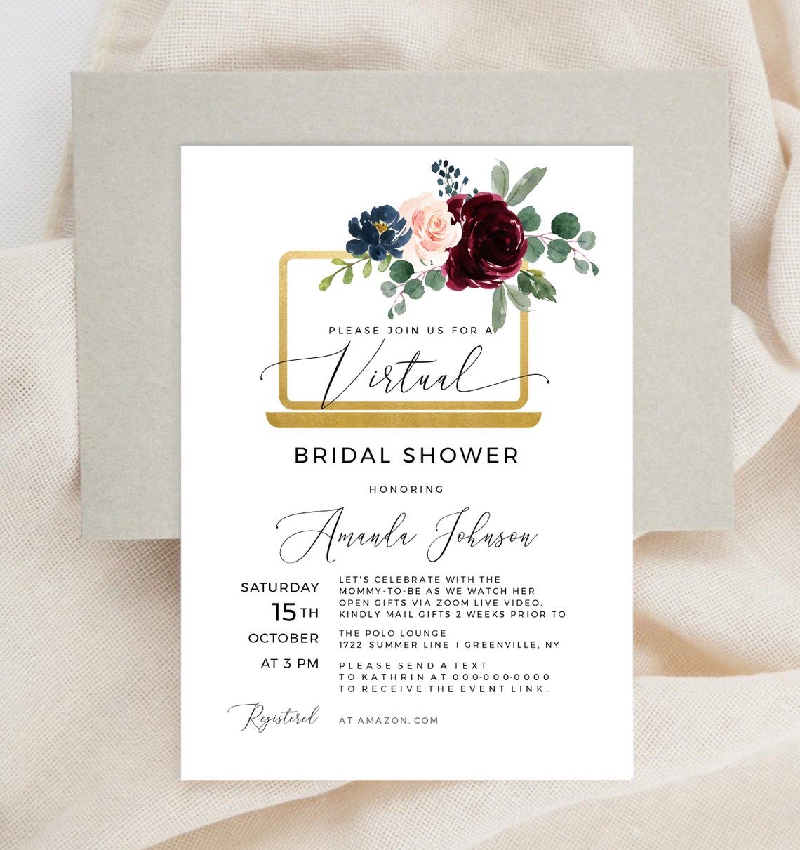 Virtual Bridal Shower Invitation Template Burgundy Editable - Etsy
