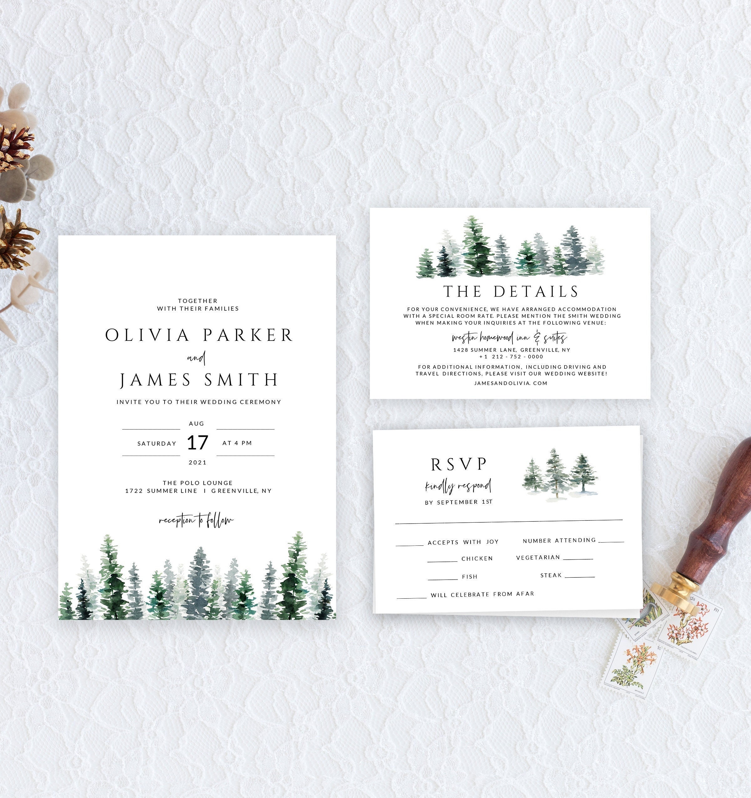 Forest Wedding Invitation Pine Tree, Editable Wedding Template ...