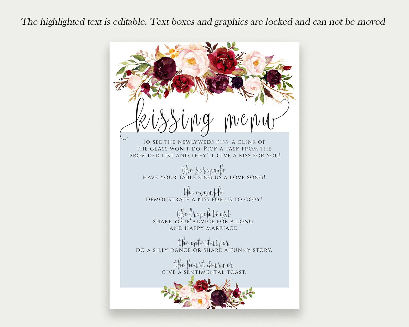 Printable Kissing Menu Printable Wedding Kissing Menu Wedding | Etsy