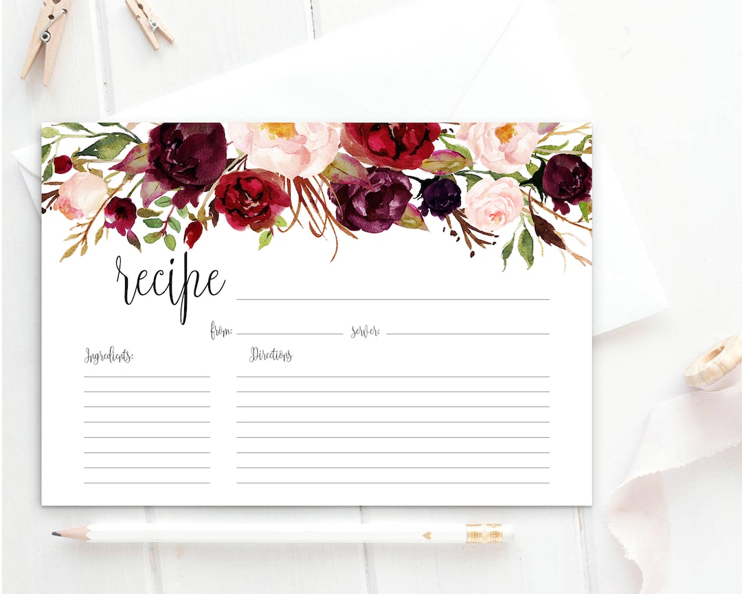 Printable Recipe Card Bridal Shower Recipe Card Floral Recipe Card ...