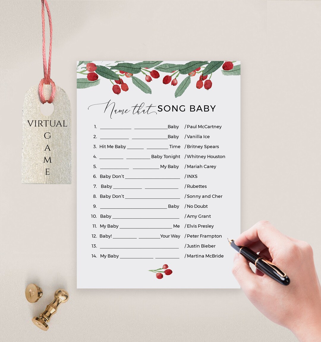 Name That Song Baby Trivia, Christmas Holly Baby Shower Game Template ...