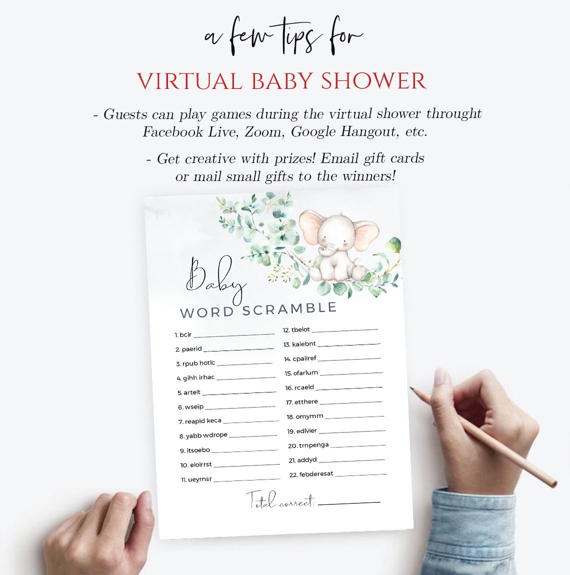 Elephant Baby Word Scramble Game Virtual & Printable Baby | Etsy