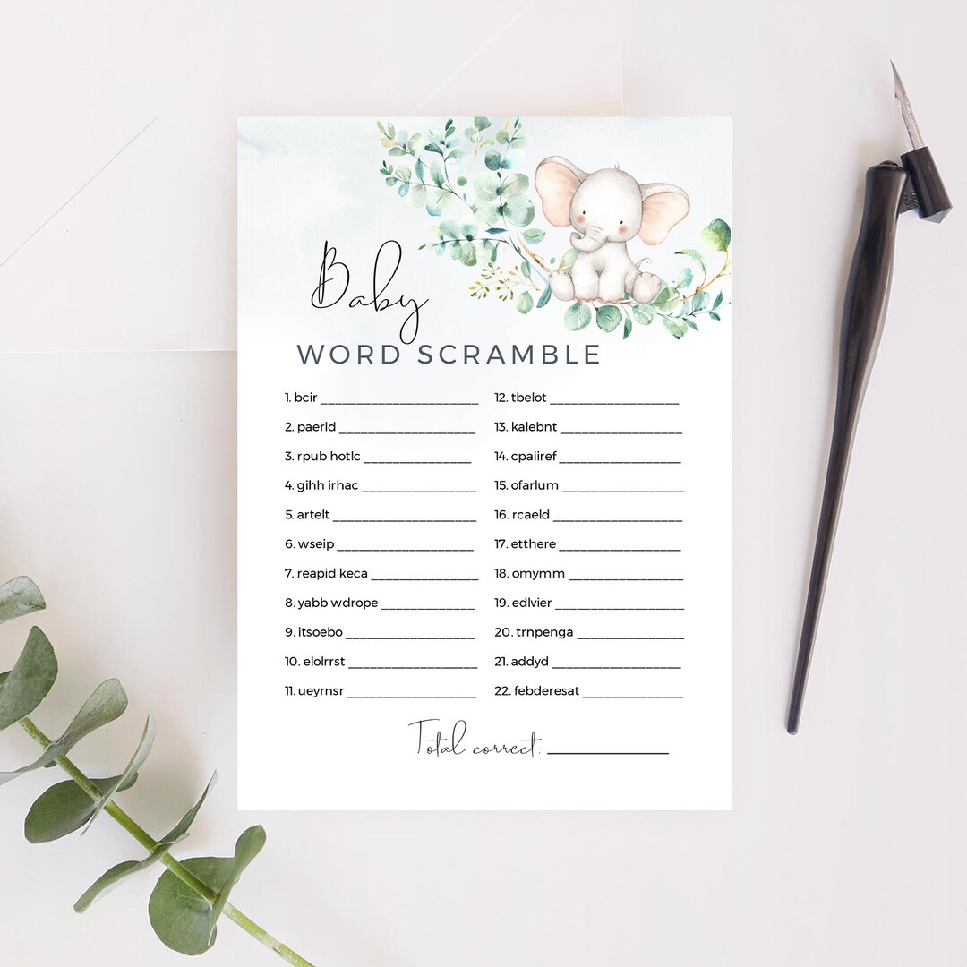 Elephant Baby Word Scramble Game Virtual & Printable Baby Shower Cards ...