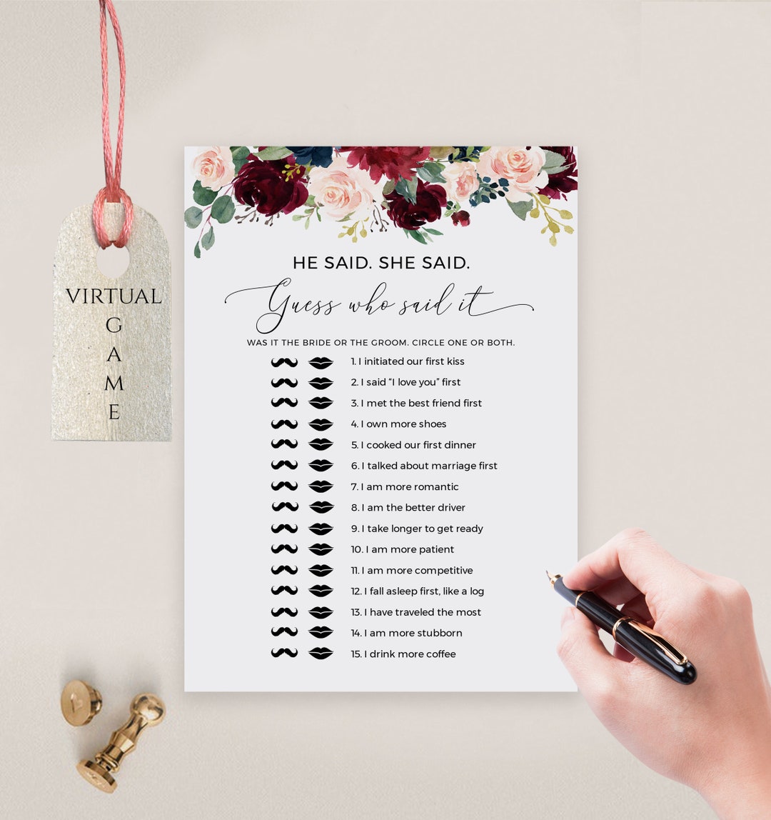He Said She Said Game Template, Virtual + Printable Bridal Shower Games ...