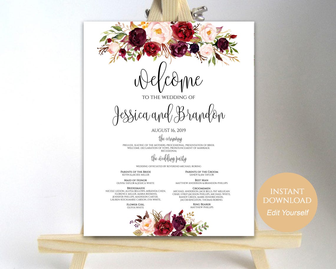 Printable Wedding Program Sign Welcome Sign Template Wedding | Etsy