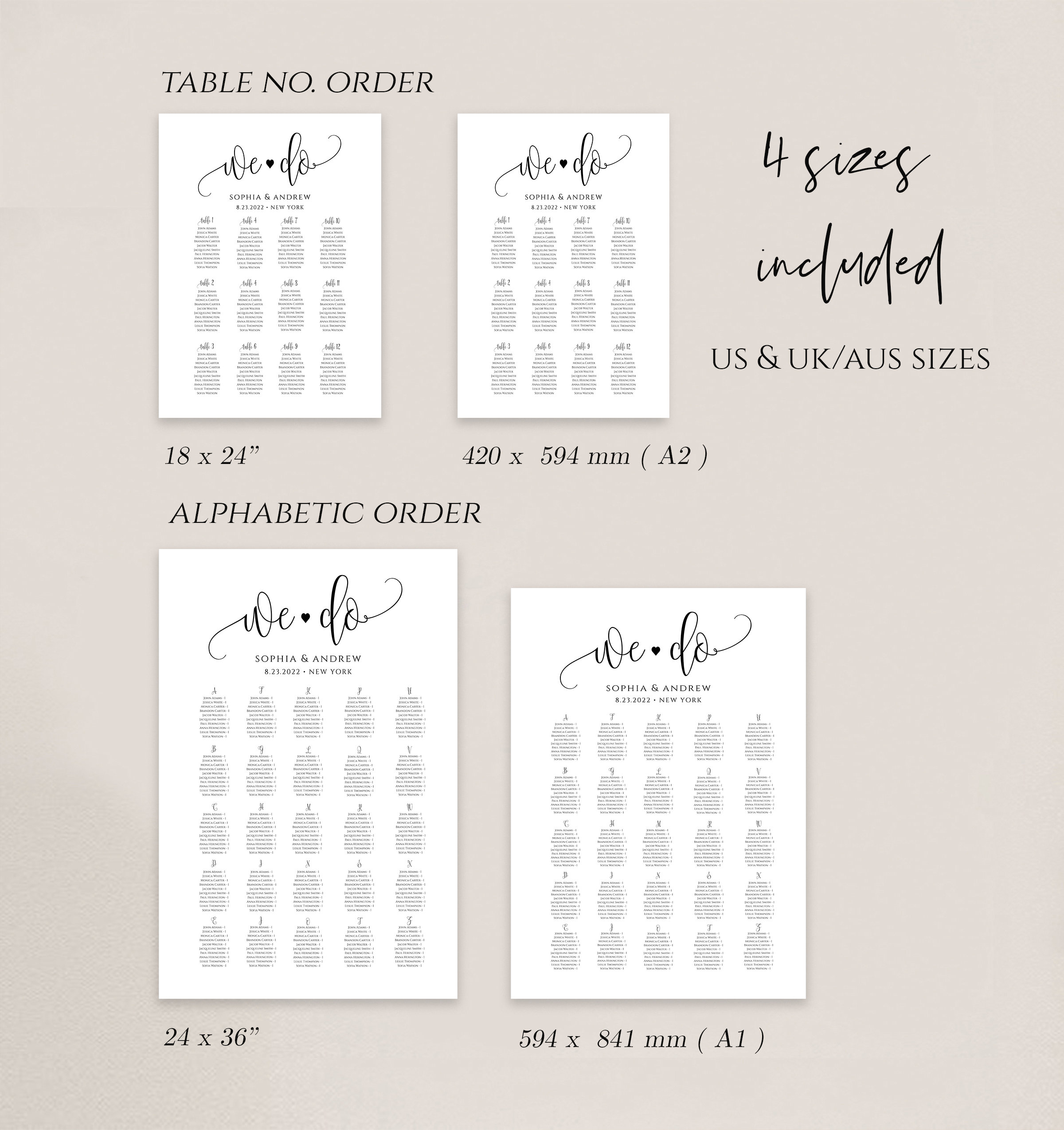 Calligraphy Wedding Seating Chart Template: Alphabetical + Table Sign ...