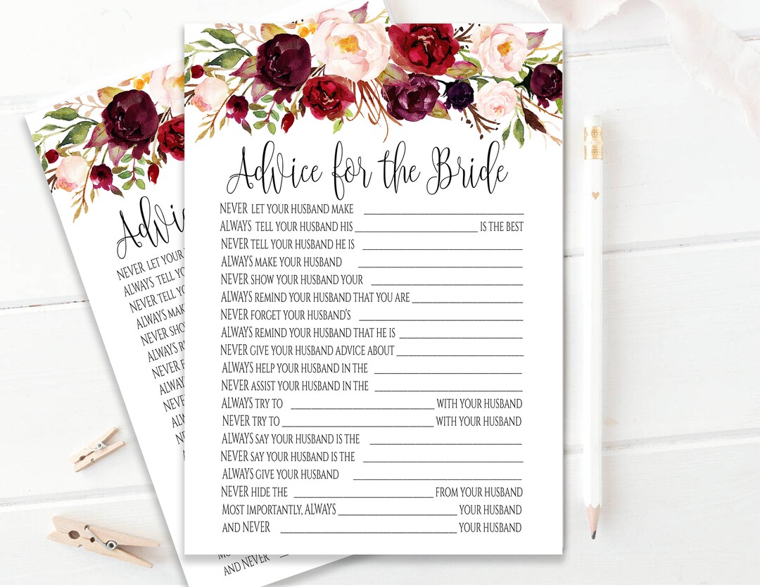 Husband Advice for the Bride Game Printable Bridal Shower Game Never ...