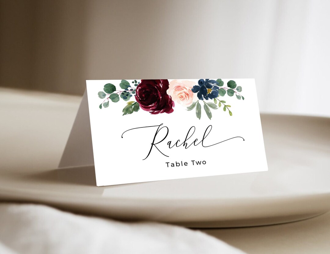 Boho Floral Wedding Place Card Template: Editable Burgundy Name Card ...