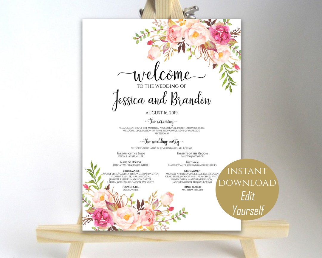 Printable Wedding Program Sign Welcome Sign Template Wedding Program ...