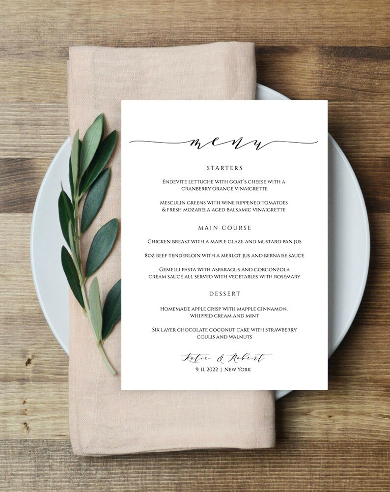 Minimalist Menu Card Printable Wedding Menu Template Instant - Etsy