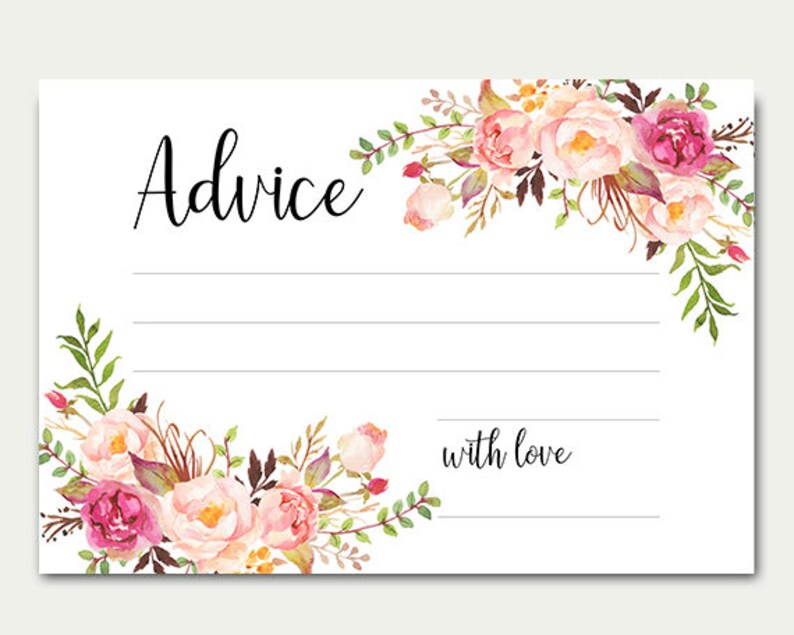 Floral Advice Card Printable: Pastel Blooms Bridal Shower Keepsake ...