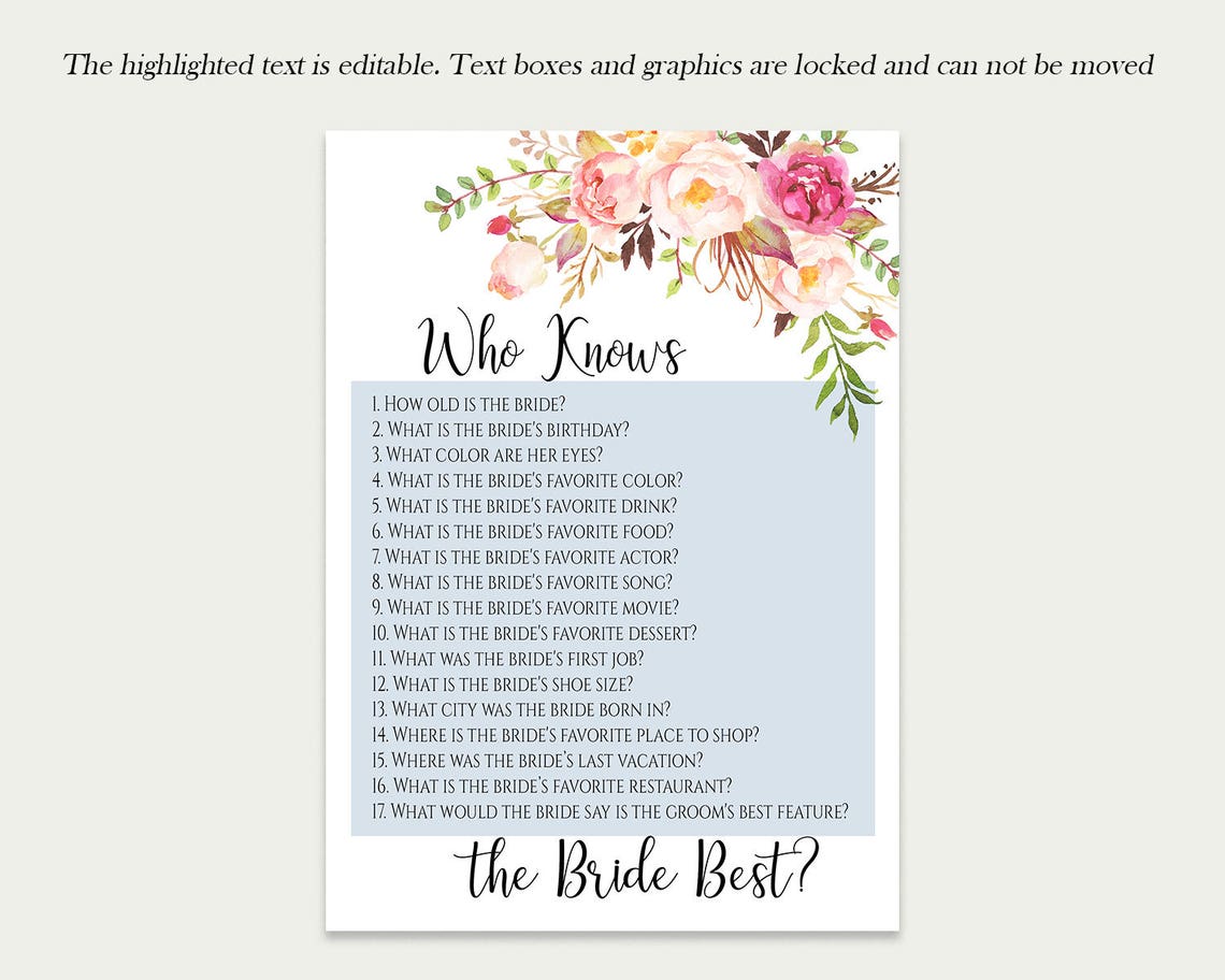 Editable Who Knows the Bride Best Floral Bridal Shower Games | Etsy
