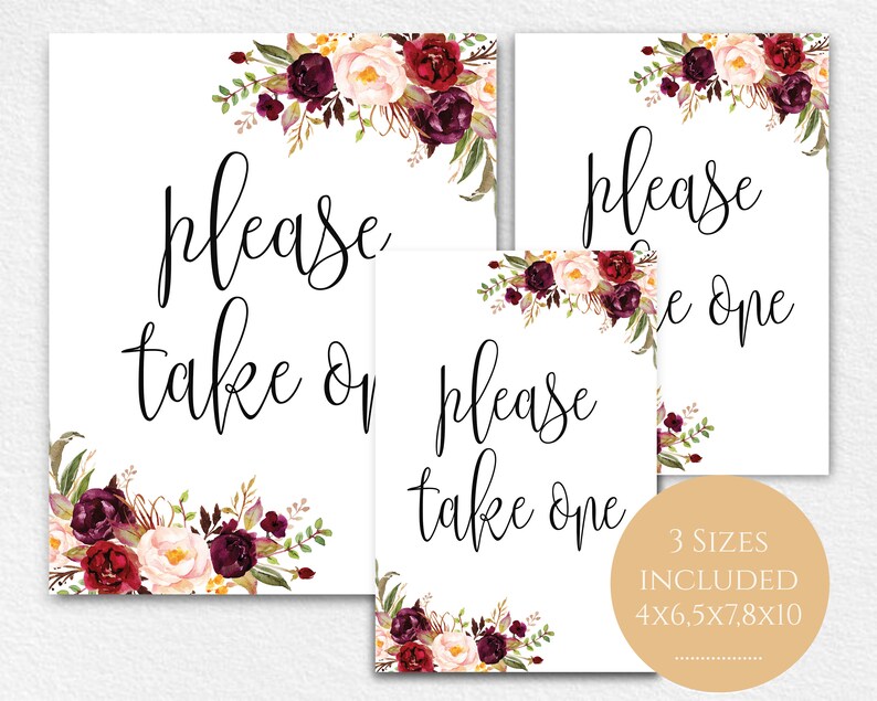 Please Take One Sign: Burgundy Floral Wedding Decor (instant Download ...