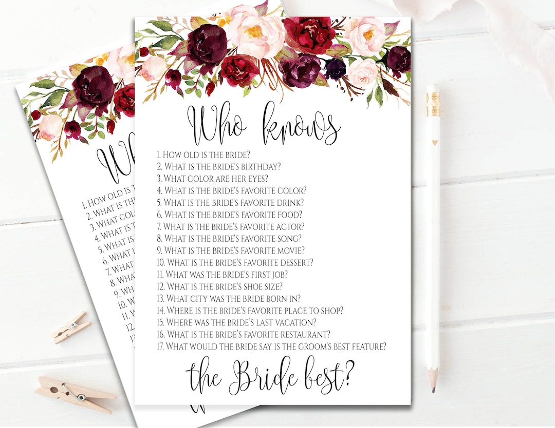 Editable Who Knows the Bride Best Game Floral Bridal Shower Cards How ...