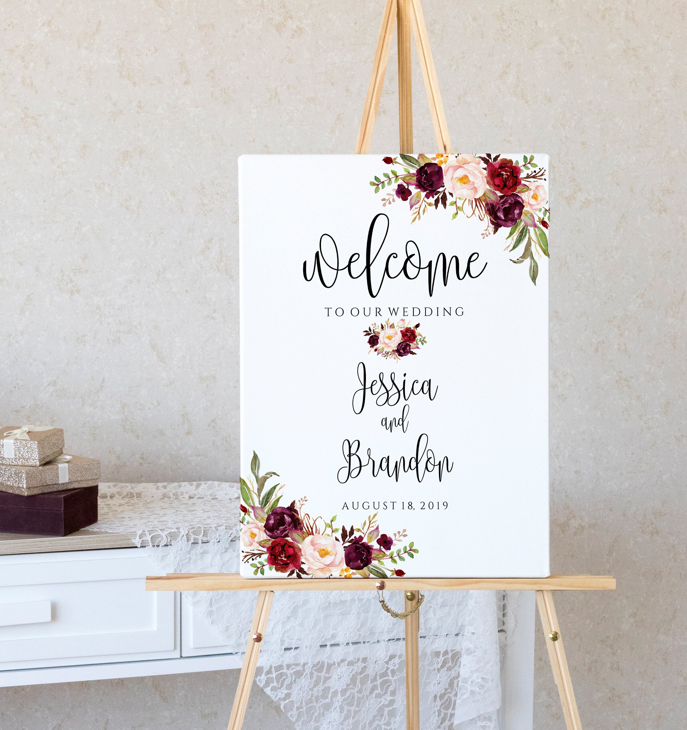 Welcome Sign DIY Wedding Burgundy Welcome Poster Welcome to | Etsy