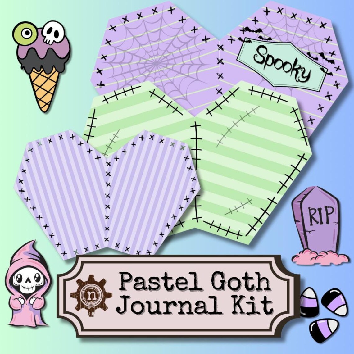 Pastel Goth Halloween Journal Kit Digital Download Coffin Shaped Spooky ...