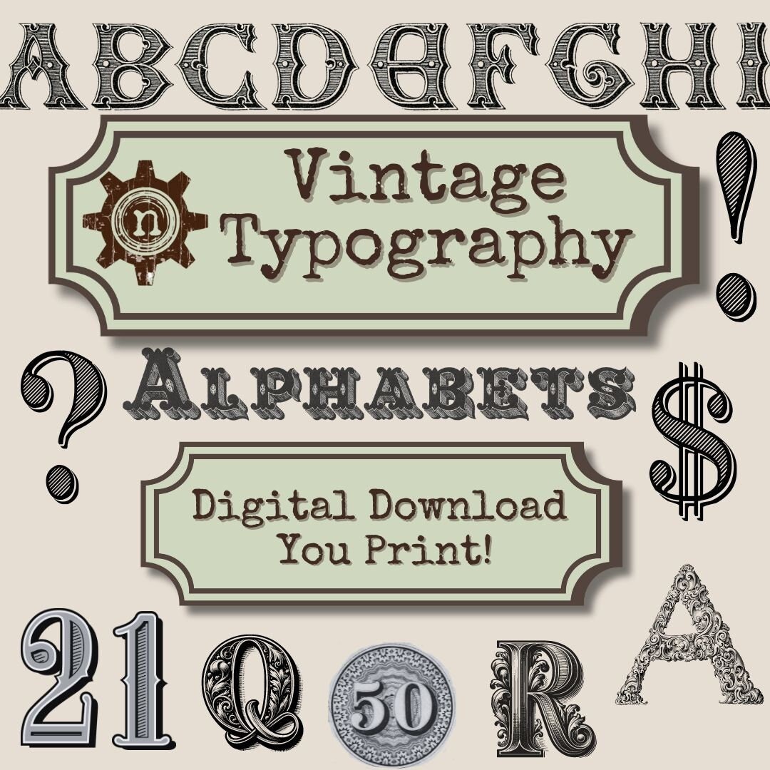 Vintage Typography Digital Download Sheets 16 Pages of Letters and ...