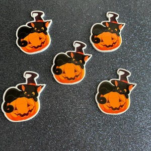5pc Cute Black Cat, Jack-o-lantern Planar Flatback, Resin Cabochon, Bow ...