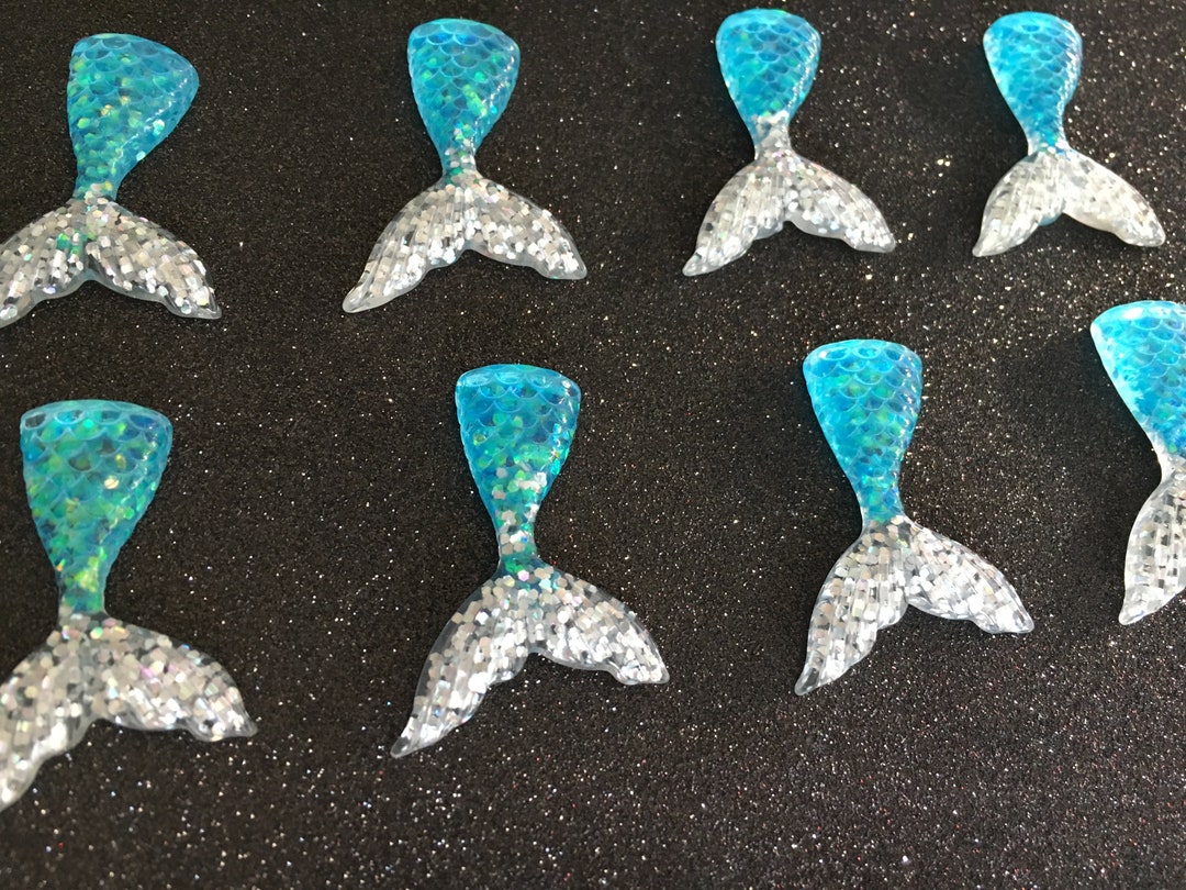 6pc. Blue and Silver, Glitter Mermaid Tail, Resin Flatback, Cabochon ...