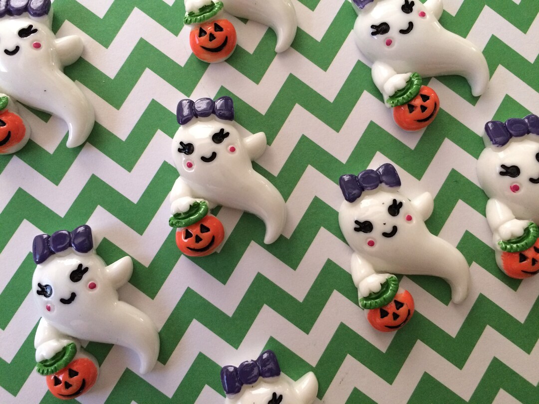 8pc Ghost With a Purple Bow, Jack-o-lantern Flatback, Resin, Cabochon ...