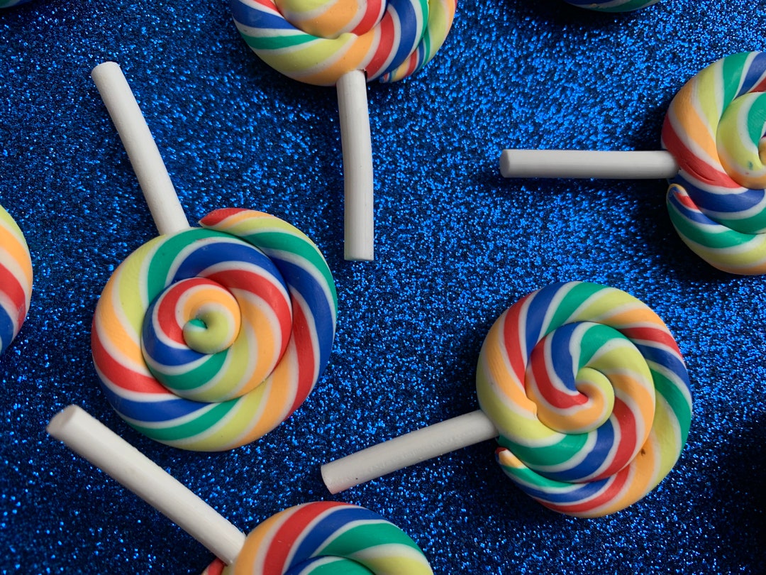 9pc. Rainbow Candy Lollipop, Polymer Clay Cabochon, Charm, Faux Candy ...