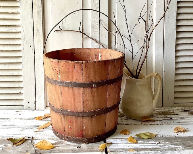 Antique Staved Wood Banded Barrel Bucket Primitive Rustic French ...