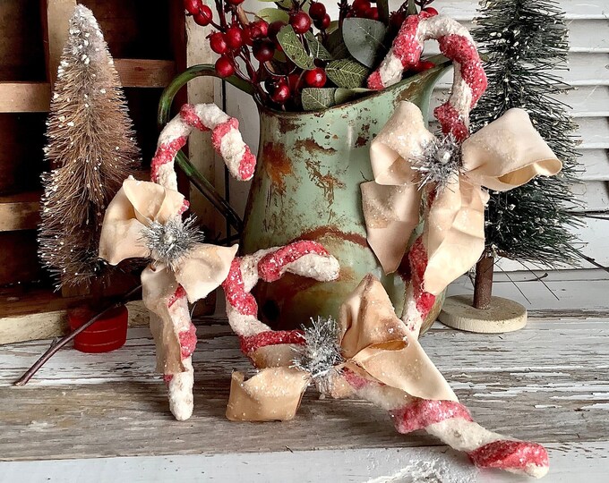 Handmade Paper Mache Candy Cane Ornament Set of 2 - Farmhouse Christmas ...
